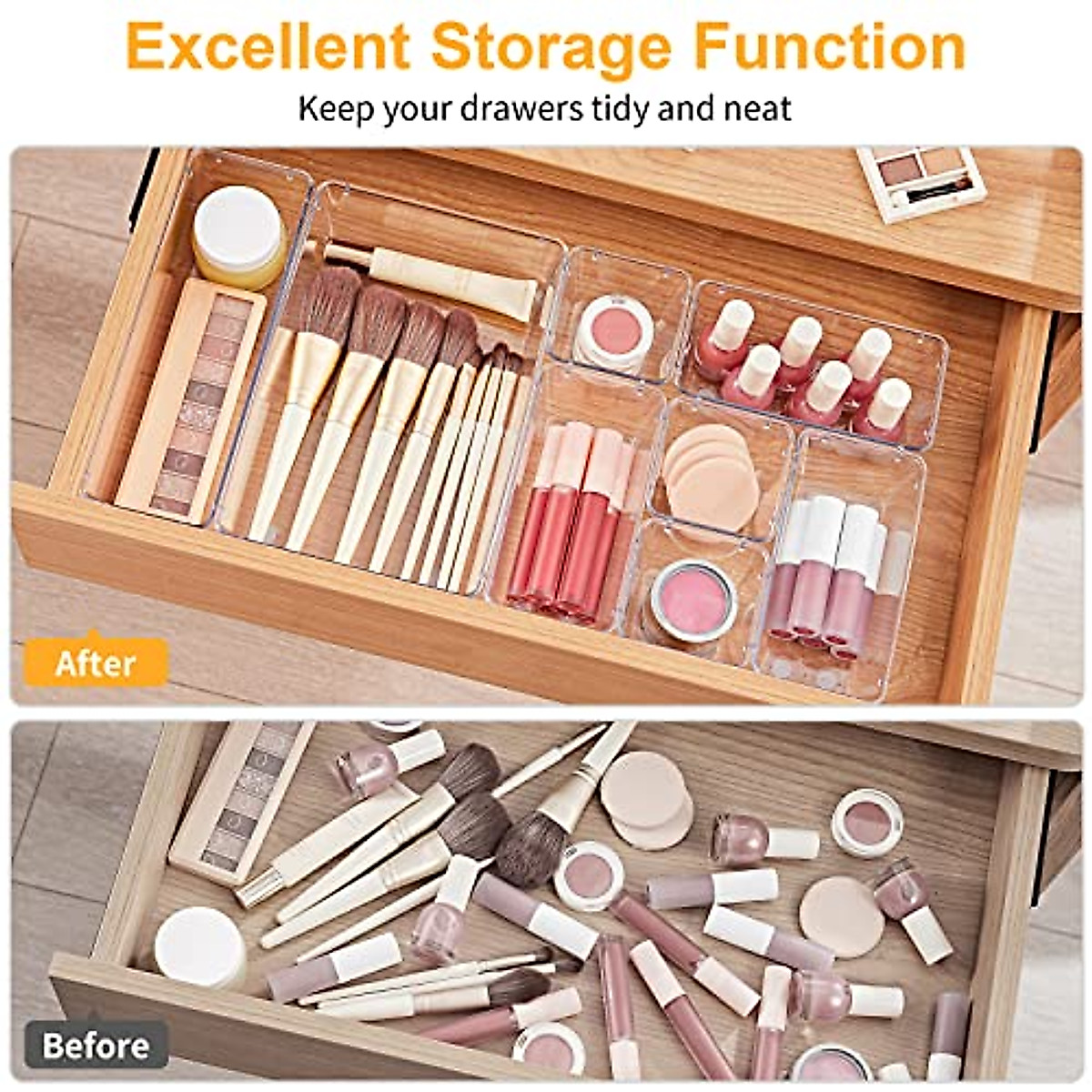 SMARTAKE 28-Piece Drawer Organizers with Non-Slip Silicone Pads, 4-Size Desk Drawer Organizer Trays Storage Tray for Makeup, Jewelries, Utensils in Bedroom Dresser, Office and Kitchen, Clear