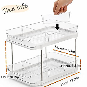 Lyellfe 2 Tier Clear Organizer with Divider, Pull Out Under Sink Organizer and Storage, Sliding Spice Rack Medicine Cabinet Bins, Multi-purpose Vanity Tray for Bathroom, Kitchen Pantry