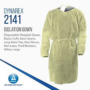 Dynarex Isolation Gowns - Full-Length, Max-Coverage Disposable Gowns - PPE Hospital Gown with Elastic Cuffs, Sewn Seams, Long Waist Ties, No Latex - Yellow, Large, 1 Case - 10 Bags of 5