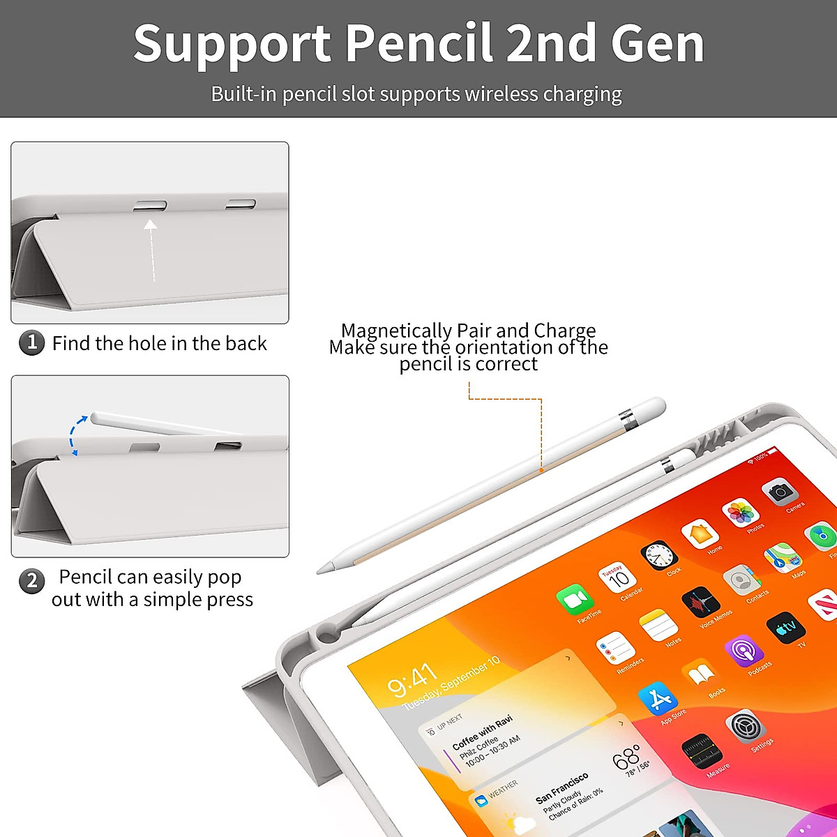 Aoub Case for iPad 9th/8th/7th Generation 10.2 inch, Auto Sleep/Wake Slim Lightweight Trifold Stand Smart Cover, Soft TPU Back Case with Pencil Holder for iPad 10.2 2021/2020/2019, Grey