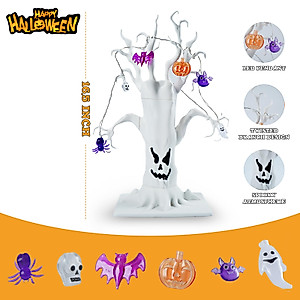 Halloween Tree Decorative Centerpiece with Spooky Ornaments, Halloween Lights with Skulls, Ghosts, Bats, Pumpkins, and Spiders at The top of The Tree, Suitable for Rooms, Tables, and Mantelpiece.