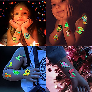 EGMBGM 30 Sheets Animals Glow in The Dark Temporary Tattoos For Kids Boys Girls Teens, Dinosaur Construction Pirate Space Astronaut 3D Glowing Fake Glitter Luminous Tattoo Stickers Toddler Children
