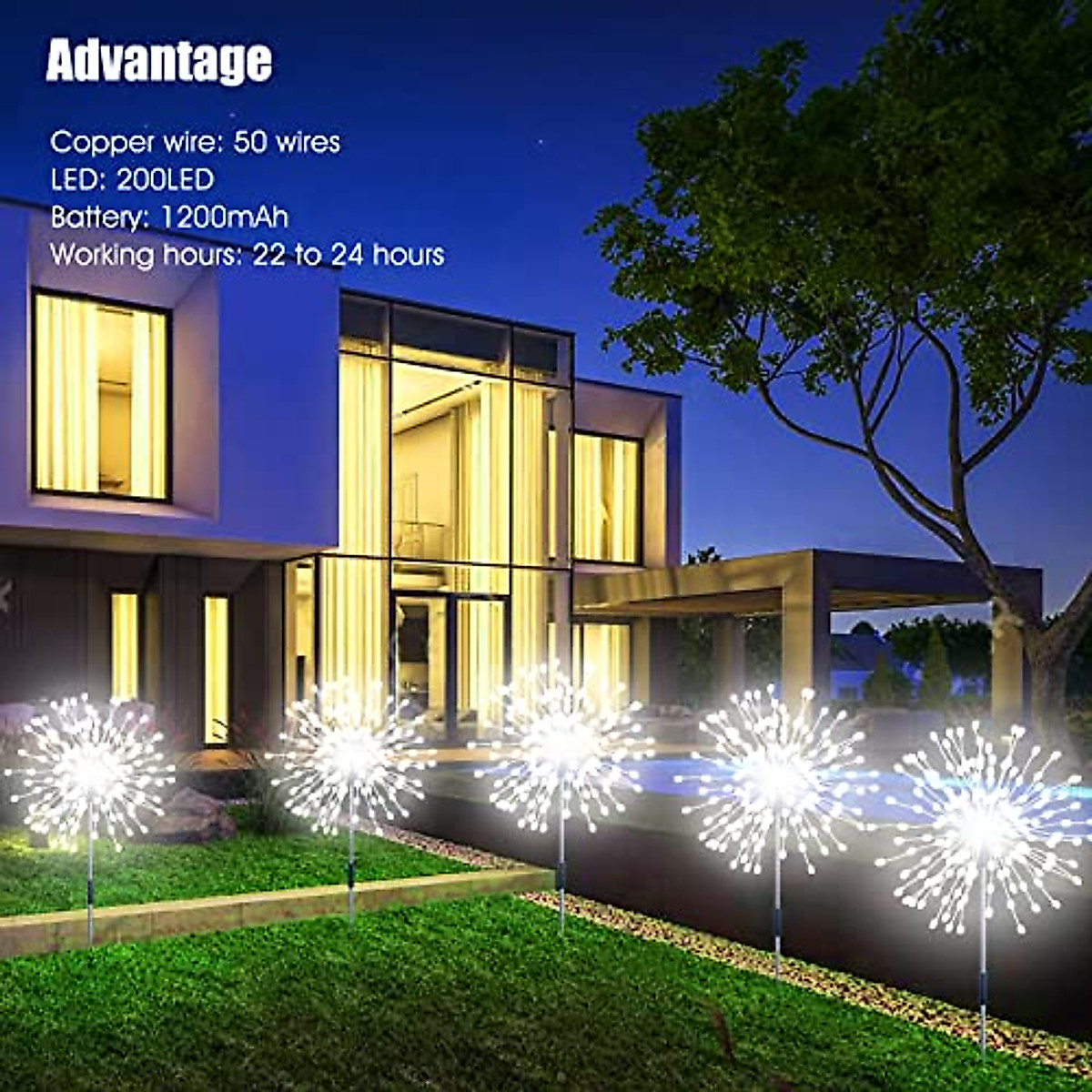 Fireworks Lights USB-C Charge 50 Copper Wire ,4 Pack Solar Garden Lights 200 LED Outdoor WaterproofRemote Control,8 Modes DIY Landscape Lights for Walkway Pathway Backyard Lawn(White)