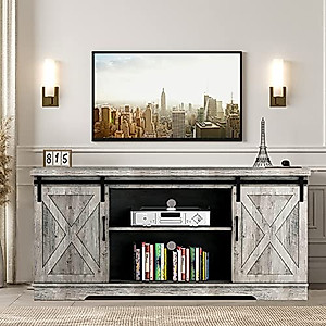 Amyove Farmhouse Stand for 65 Inch TV, Entertainment Center TV Media Console Table, Tall Stand with Storage, Barn Doors and Shelves, Grey Modern Cabinet Furniture for Living Room