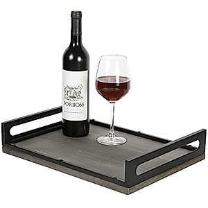 MyGift Large Wood Serving Tray, 16 x 12 Inch Matte Black Metal and Vintage Gray Wooden Party Server Tray, Decorative Ottoman Tray with Cutout Handles