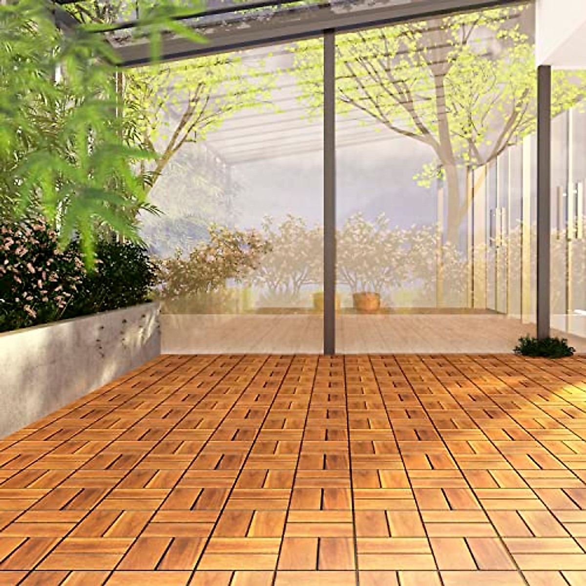 Wood Interlocking Flooring Tiles (Pack of 10, 12" x 12"), Solid Wood Acacia Deck Tiles Interlocking, Patio Tiles Outdoor Interlocking Waterproof All Weather (8 slat, Natural Color)