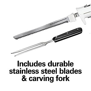 Hamilton Beach Electric Knife for Carving Meats, Poultry, Bread, Crafting Foam & More, with Reciprocating Serrated Stainless Steel Blades, Ergonomic Design, Storage Case & Fork Included, White