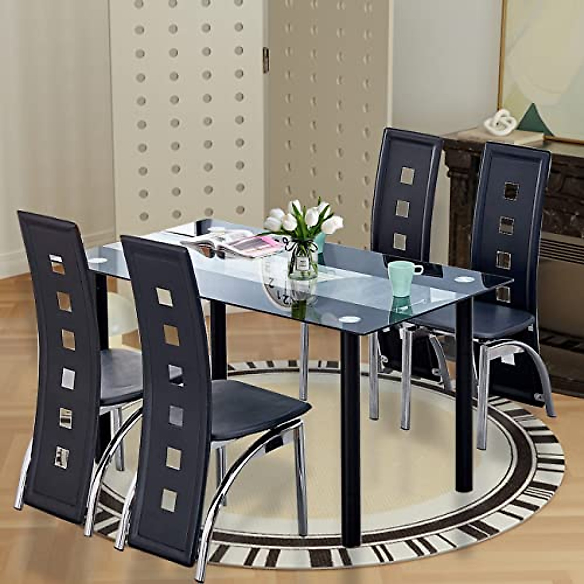 HomVent Dining Table Set for 4, Small Tempered Glass Dining Room Table Set, Kitchen Table and Chairs for Small Spaces, Transparent,White Modern 110cm, Stainless Steel PU Leather (Transparent & Black)