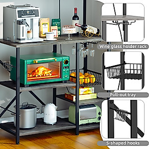 JAMFLY Kitchen Bakers Rack with Power Outlet, Coffee Bar Cabinet, Kitchen Cart, Large Microwave Stands Cart with 6 S-Shaped Hooks, Wine Glass Holder and Basket (Grey)