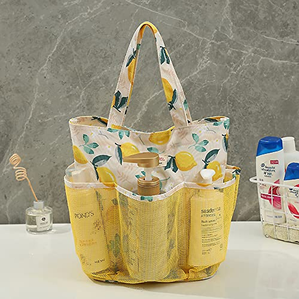 Mesh Shower Caddy Bag - Mesh Shower Basket for College Dorm Room Essentials, Portable and Light Quick Dry Bath Organizer for Beach Camp Gym (Yellow)