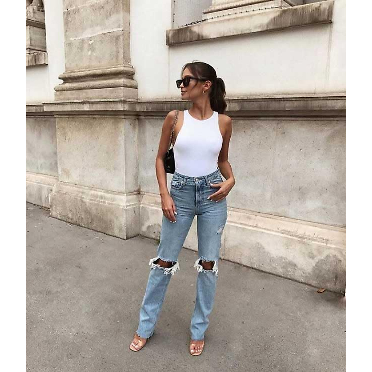 REORIA Womens Sexy Sleeveless High Neck Racer Back Halter Thong Bodysuits Leotard Tank Tops White Large