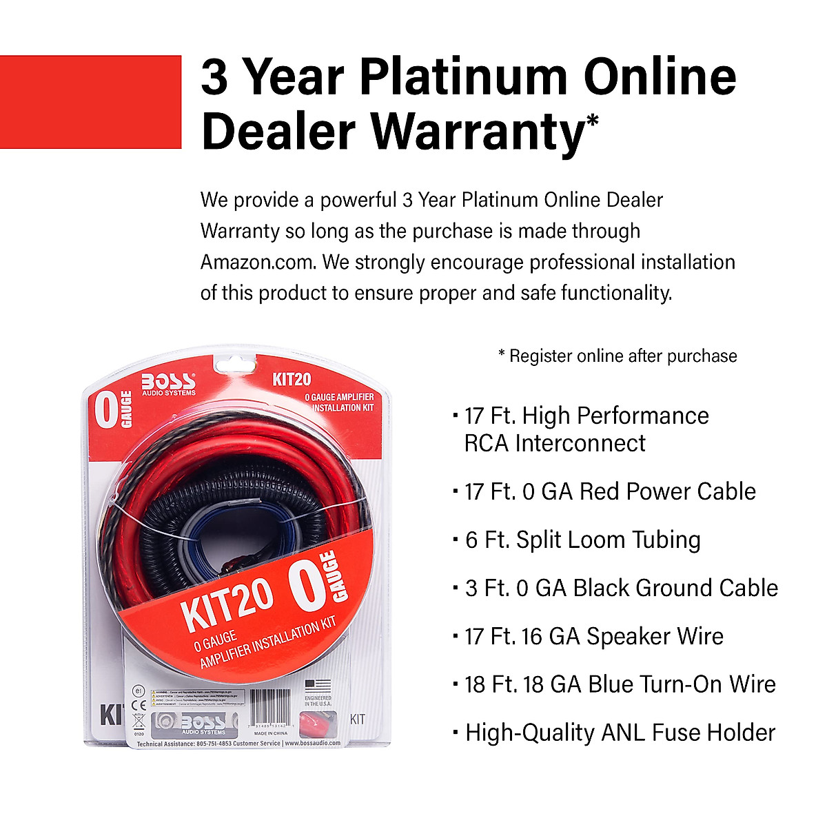 BOSS Audio Systems KIT20 0 Gauge Amplifier Installation Wiring Kit - A Car Amplifier Wiring Kit Helps You Make Connections and Brings Power to Your Radio, Subwoofers and Speakers