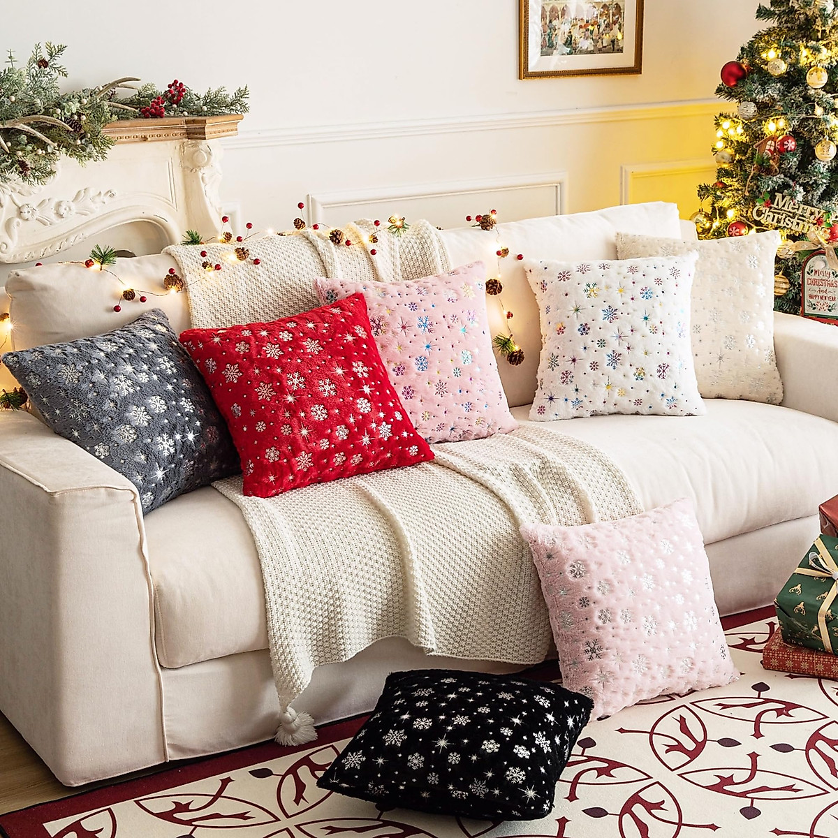 AQOTHES Soft Faux Fur Fuzzy Cute Decorative Throw Pillows Covers with Snowflake Glitter Printed Pillowcases for Christmas Decor Home Bed Room Sofa Chair Couch, Bright Pink 18x18 inch, Pack of 2