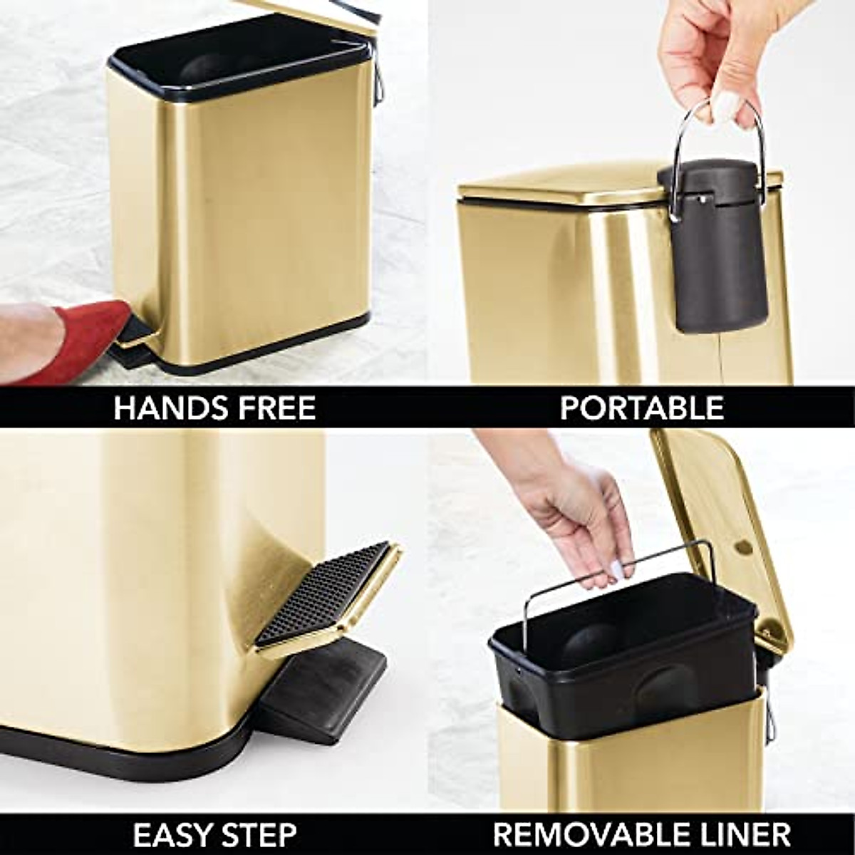 mDesign Slim Metal Rectangle 1.3 Gallon Trash Can with Step Pedal, Easy-Close Lid, Removable Liner - Narrow Wastebasket Garbage Container Bin for Bathroom, Bedroom, Kitchen, Office - Soft Brass