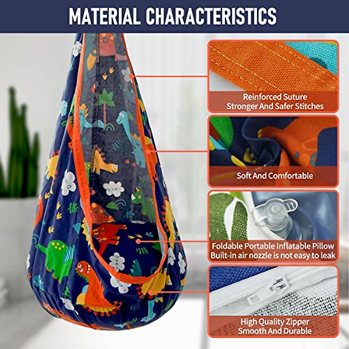 GARIG Pod Swing for Kids, Hanging Pod Swing Seat with Inflatable Pillow, Cartoon Pattern Kids Swing Chair for Indoor and Outdoor, Max Weight 170lbs (Dinosaur)