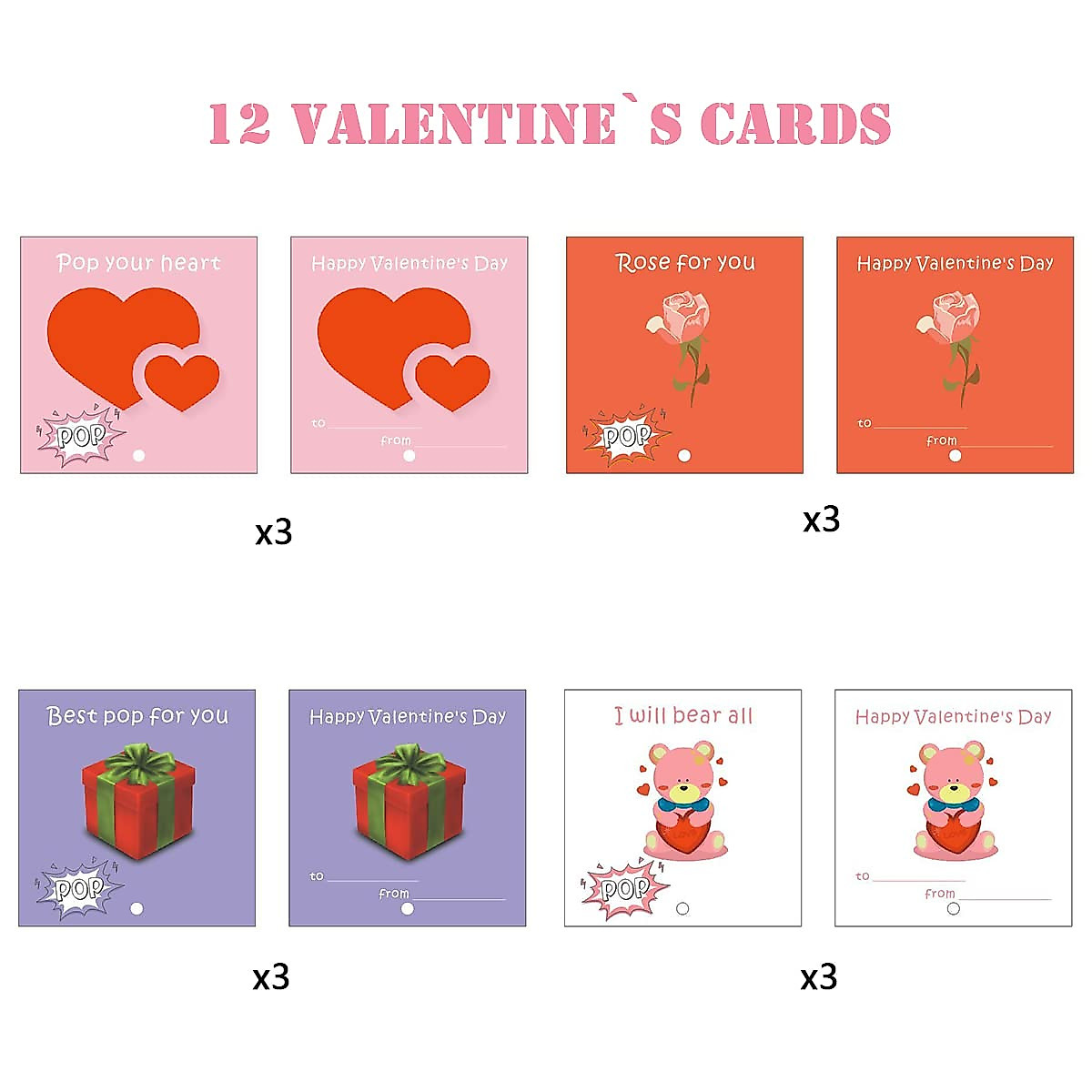 JoFAN 12 Pack Mini Valentines Fidget Sensory Simple Pop Toys with Cards for Kids School Class Classroom Valentines Day Cards It Gifts Prizes Party Favors