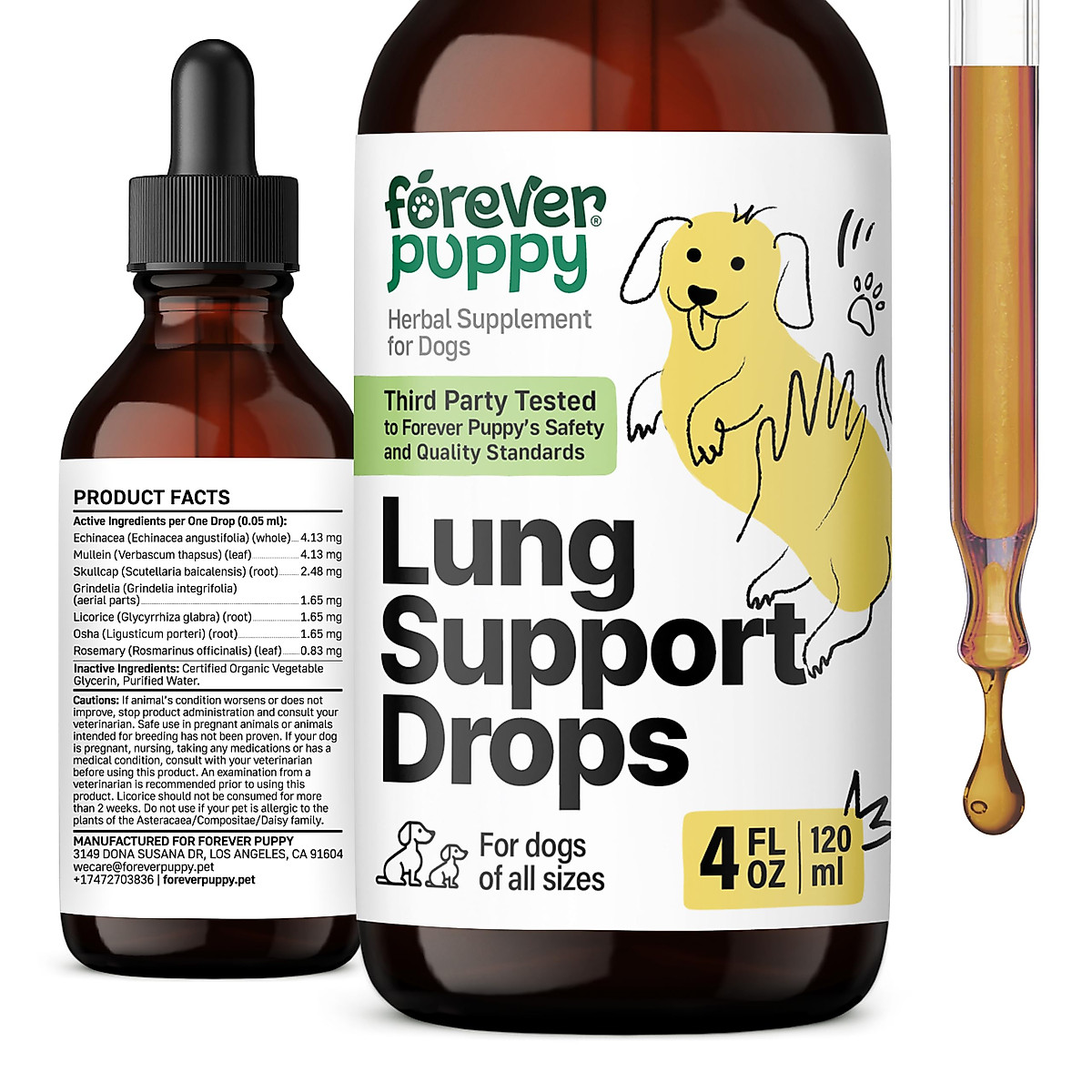Lung Support Drops for Dogs - Vegan Dog Respiratory Health Supplements - Herbal Respiratory Support for Dogs w/Mullein Leaf and Echinacea Herb - Liquid Dog Vitamins for Pet's Lung Care - 4 oz