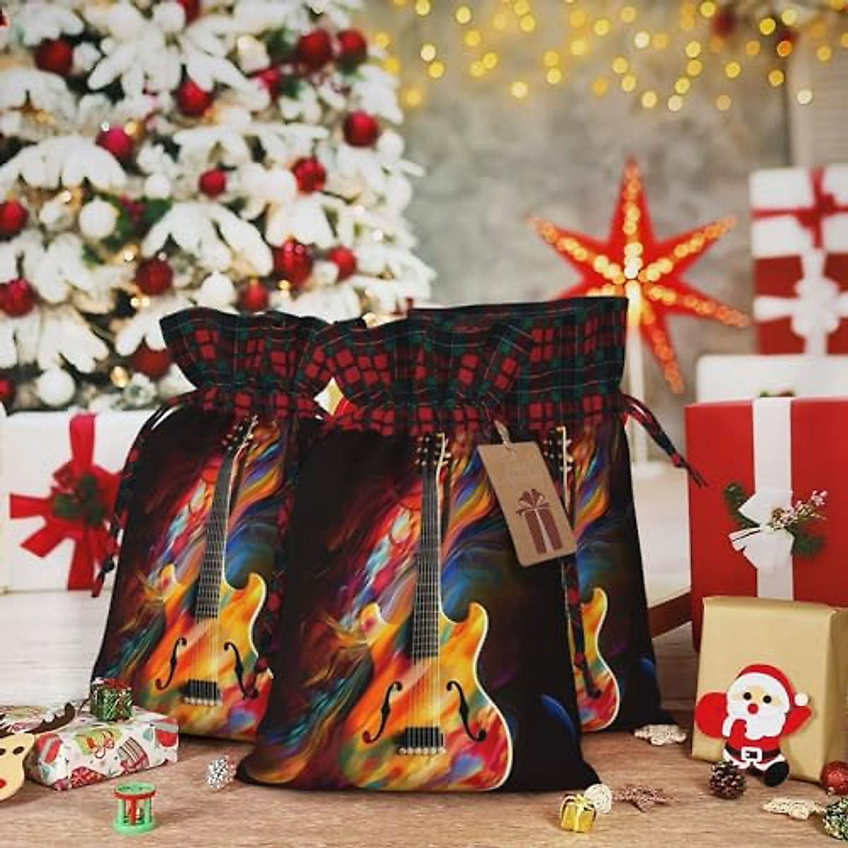 Christmas Gift Bags with Drawstring Burlap Gift Bags Abstract Guitar Christmas Linen Bags for Xmas Party Candy Bags with Cards Xmas Reusable Wrapping Bags Christmas Linen Treat Bags for Holiday