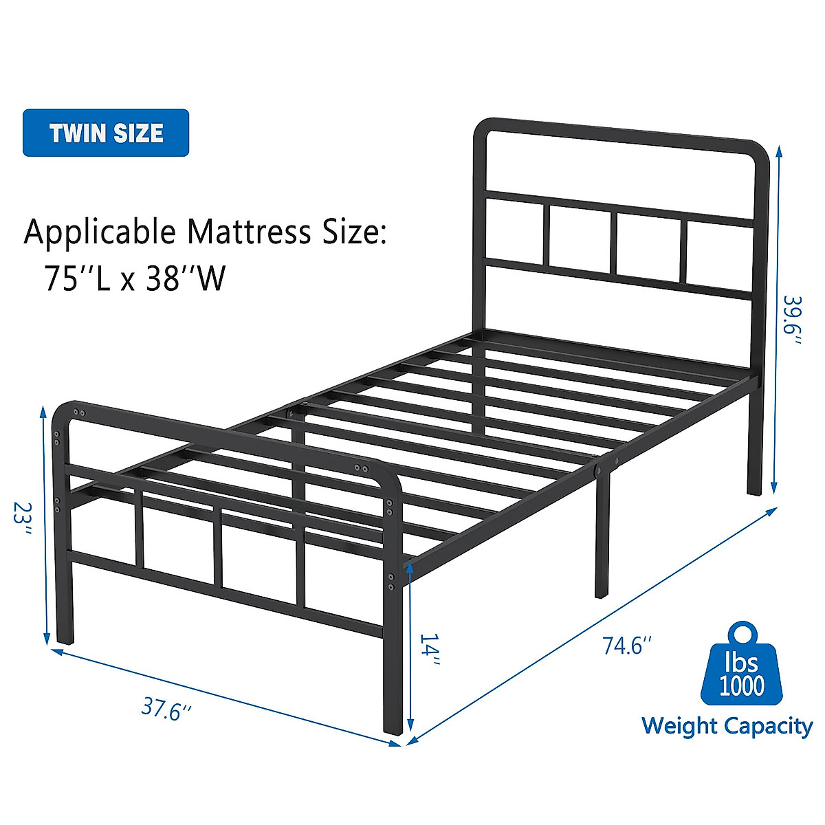 HOBINCHE Twin Size Metal Bed Frame with Headboard and Footboard, 14 Inch Black Heavy Duty Mattress Foundation with Steel Slat Support, No Box Spring Needed, Noise Free