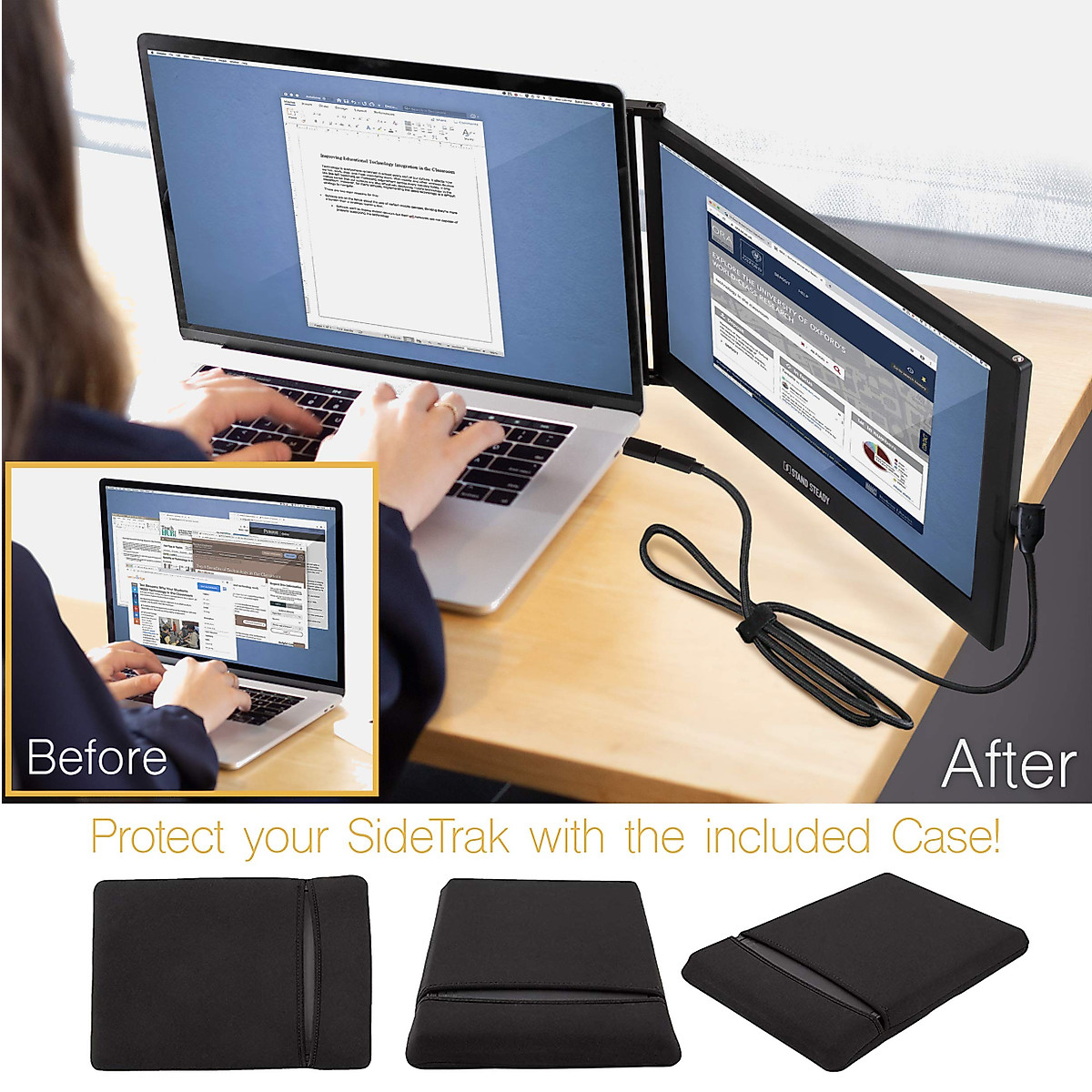 SideTrak Slide Portable Monitor 12.5" Screen with Carrying Case - Attaches to Your Laptop for Easy Travel - Efficient USB Power - Fits Mac and PC 13"-17" Laptops - Full HD IPS Display (Patent Pending)