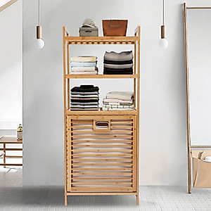 Tilt Out Bamboo Laundry Hamper, Laundry Basket with 3 Shelves Bathroom Cabinet Organizer,4 Tier Shower Caddy Shelf Rack for Bedroom, Bathroom, Closet, Laundry Room