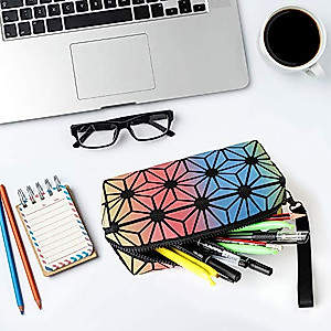 Luminous Pencil Bag Large Capacity Portable Pencil Pouch Geometric Pen Bag Pencil Case Zipper Stationery Bag with Wrist Strap