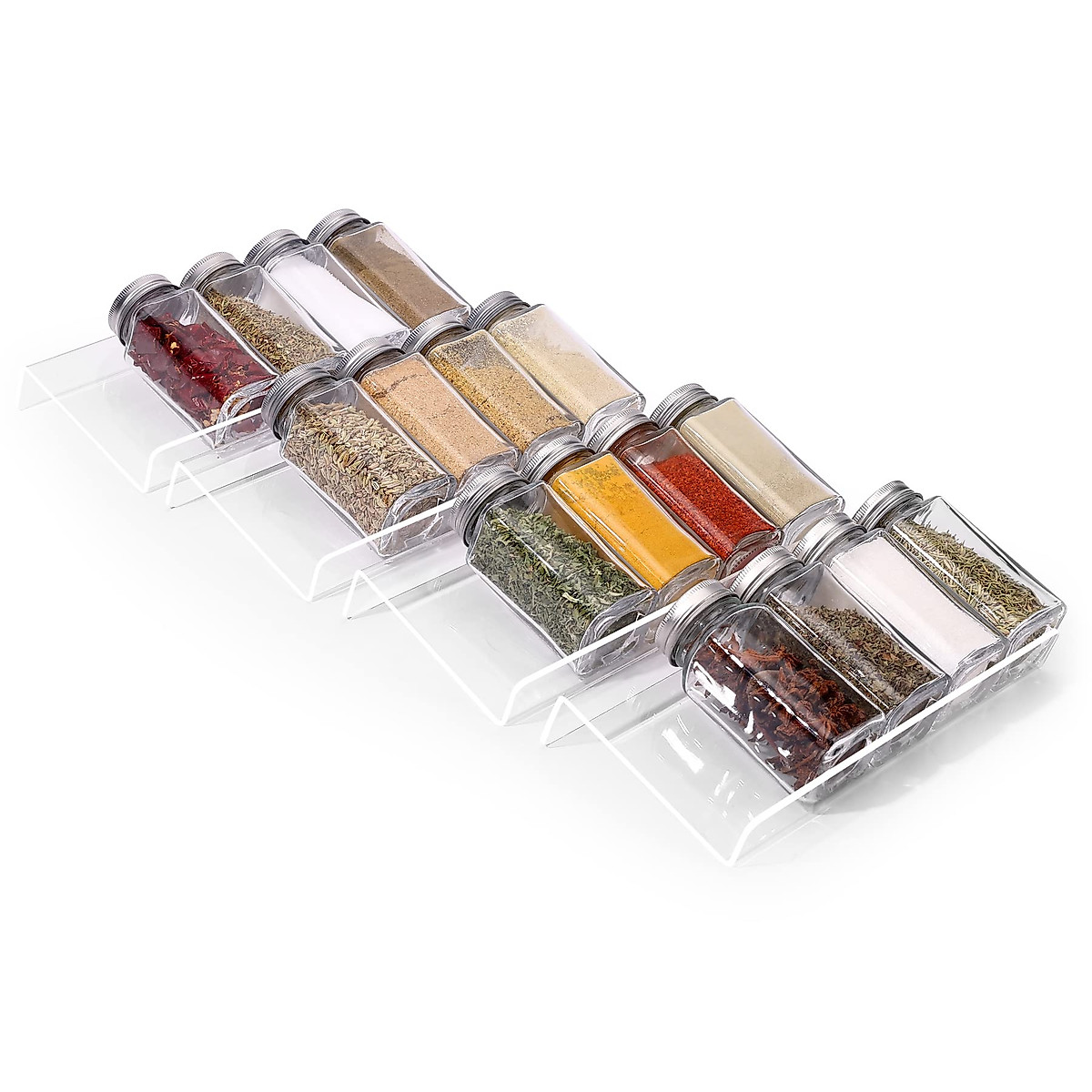 Clear Acrylic Spice Drawer Organizer, 4 Tier- 1 Set Seasoning Jars Drawers Insert, Kitchen Spice Rack Tray for Drawer/Countertop (Jars not included)