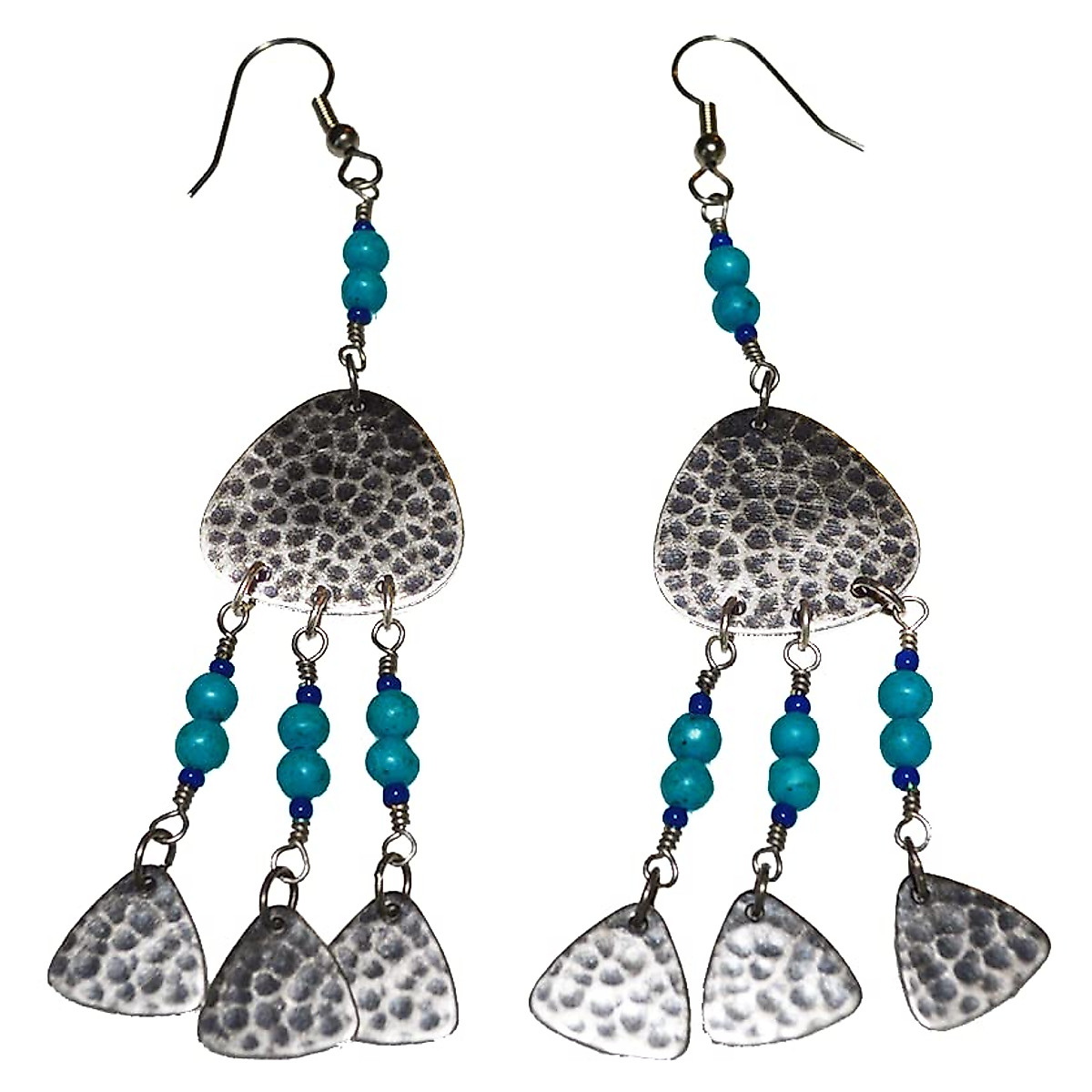 Santa Fe Antique Silver Plated Brass Triple Dangle Triangle Earrings - Turquoise