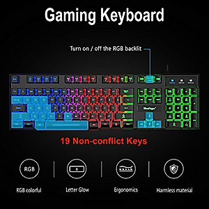 BlueFinger RGB Gaming Keyboard and Backlit Mouse and Headset Combo,USB Wired Backlit Keyboard,LED Gaming Keyboard Mouse Set,Headset with Microphone for Laptop PC Computer Game and Work
