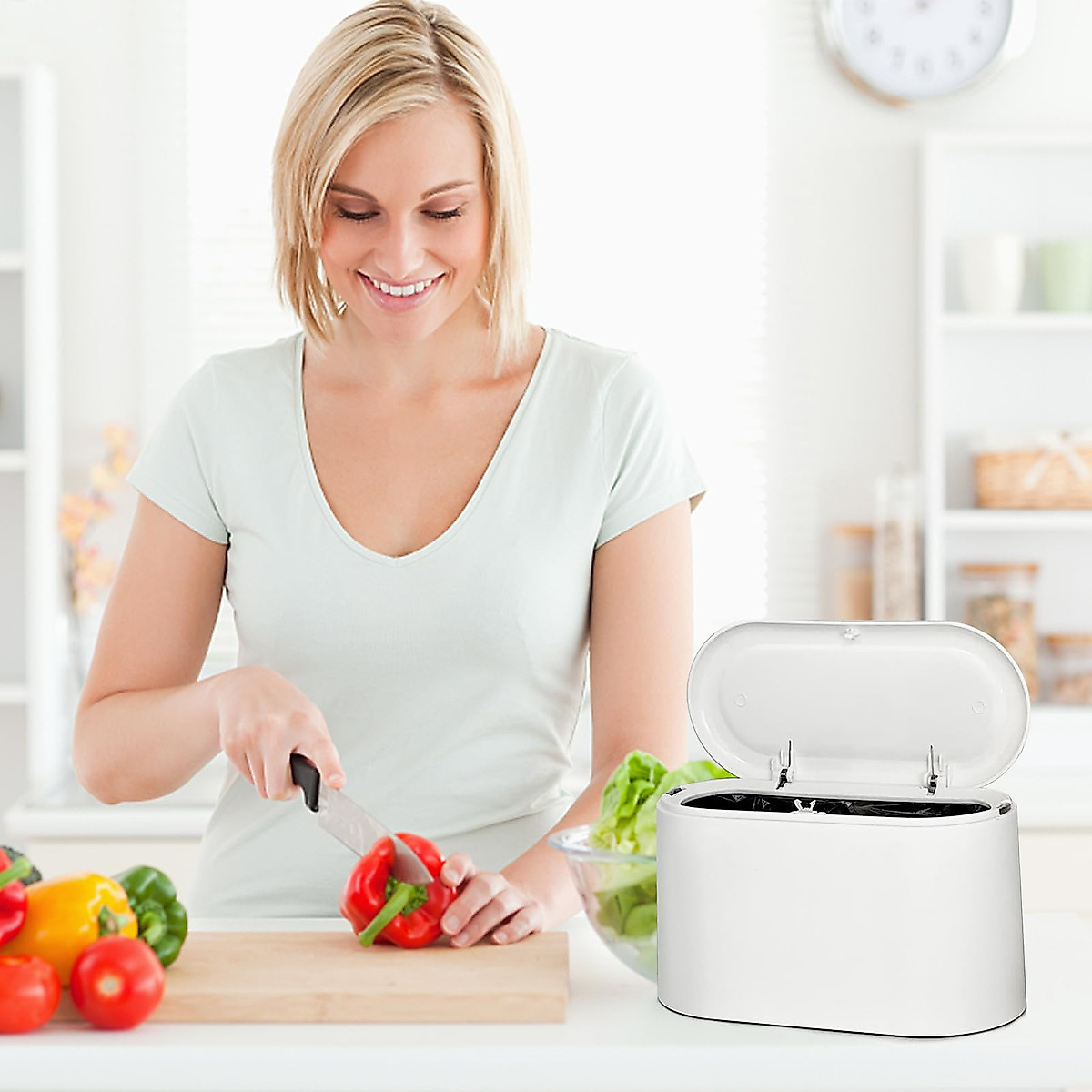 Mini Trash Can with Lid - Removable Small Garbage Can, Tiny Plastic Trash Bin, Pop Up Countertop Wastebasket, Counter Garbage Lint Bin for Bathroom,Office,Kitchen,Desk,Coffee Table(White)