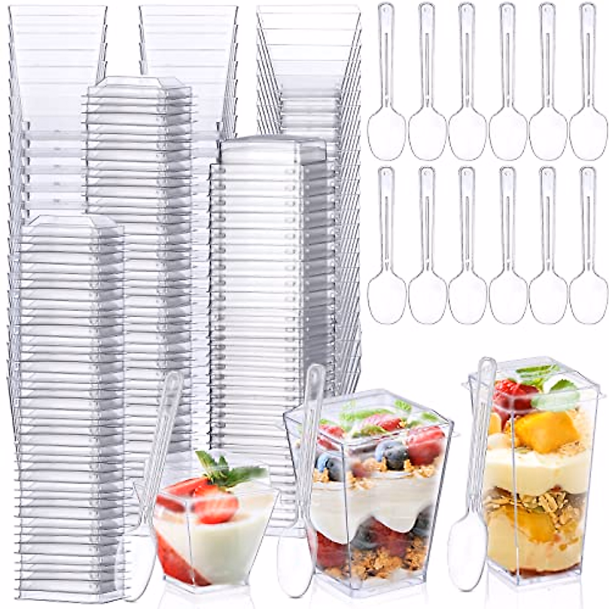 150 Pack 5.6, 3, 2 oz Mini Square Dessert Cups with Lids and Spoons Clear Plastic Parfait Cups Disposable Appetizer Cups Small Dessert Shooter Cups for Serving Party Pudding Fruit and Ice Cream