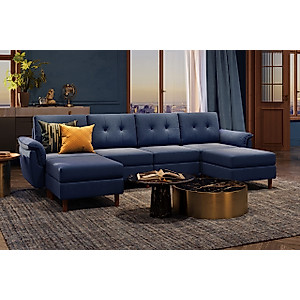 LINSY HOME Modular Sectional Sofa, Velvet Sectional Sofa Couch with Memory Foam, U Shape 6 Seat Modular Sectionals with Ottomans, Sleeper Sofa Couches with Chaise for Living Room, Blue