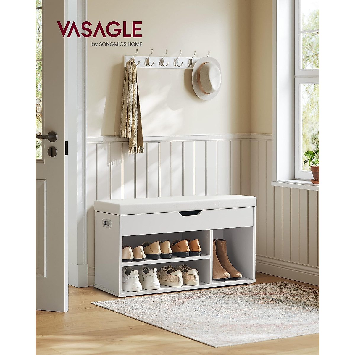 VASAGLE Storage Bench with Cushion, Shoe Bench with Padded Seat, 3 Compartments, Hidden Storage, Shelves, Hallway Bedroom, Load Capacity 330 lb, 11.8 x 31.5 x 17.3 Inches, Cloud White