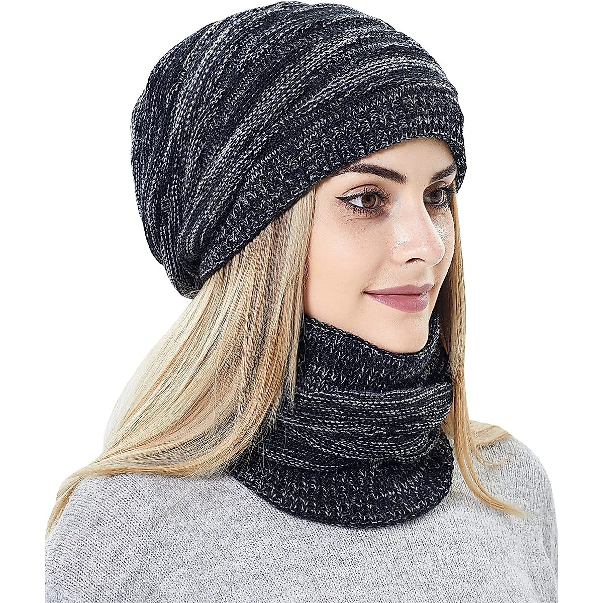 Womens Slouchy Beanie and Scarf Set for Girls Warm Knit Winter Ski Hat with Fleece Lined (BLACK)