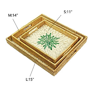 I-lan 15" Rectangular Rattan Woven Tray Basket with Mother of Pearl Inlay Wooden Base and Handles, Handmade Wicker Coffee Table Décor Serving Tray with 1.6" Wall, Handmade Decorative Display Basket