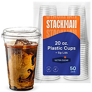 20 oz. Clear Cups with Strawless Sip-Lids, [50 Sets] PET Crystal Clear Disposable 20oz Plastic Cups with Lids