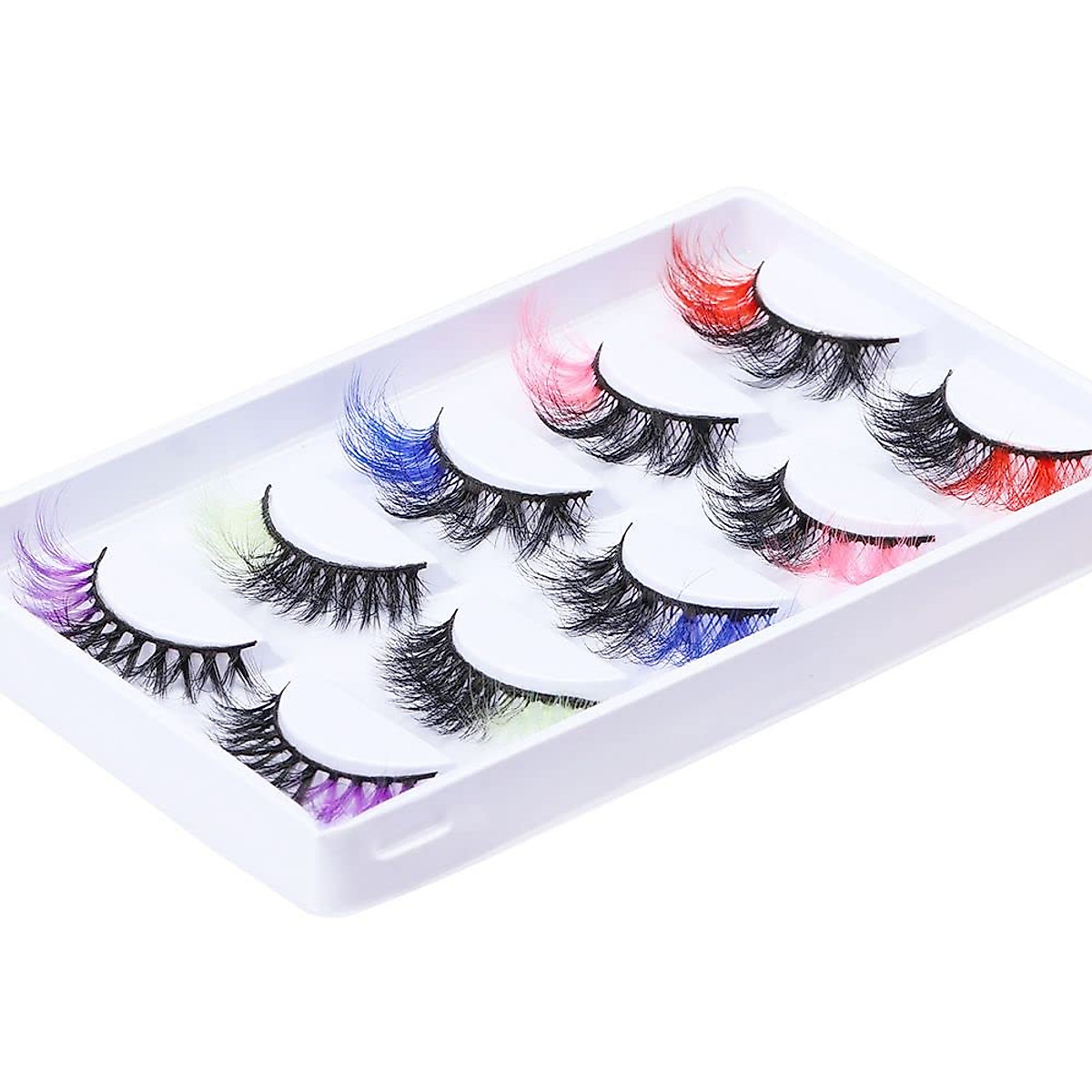 gootrades 2023 5 Pairs Colored False Eyelashes Pack, 3D Fluffy Faux Mink Color Eye Lashes Strip Wipsy Multicolored Two-Toned Fake Lashes for Daily Christmas Cosplay, Red/Pink/Blue/Green/Purple Lashes on the End