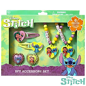 LUV HER Disney Stitch Girls BFF 6 Piece Toy Jewelry Box Set with 2 Rings, 2 Bead Bracelets and Snap Hair Clips Ages 3+