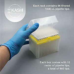 Kashi Scientific 1000 uL Universal Filtering Racked Laboratory Pipette Tips, Sterile Dnase/Rnase Free, Pyrogen Safe [1000ul, Filtered, 960 Tips]