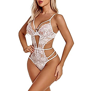 Avidlove Lingerie for Women Sexy Naughty White Lingerie Bridal Lingerie Teddy Deep V Sexy Lace Bodysuit（White,Medium）