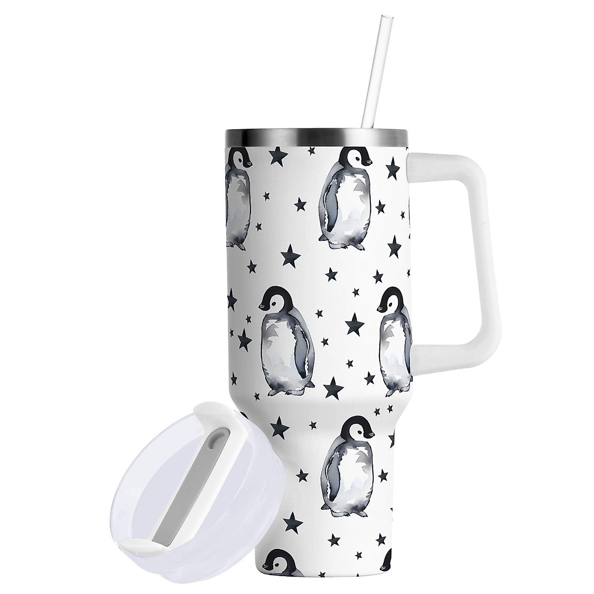 YKZEYK White Penguins Stars 40 OZ Tumbler with Handle And Straw Insulated Tumblers Coffee Mug Travel Cup Cups with Lids And Straws Tumbler