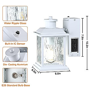 Dusk to Dawn White Outdoor Porch Lights with 2 GFCI Outlets, Waterproof Wall Lights Mount for House, Aluminum Anti-Rust Exterior Light Fixture, Wall Sconce, Wall Lamp, Wall Lantern for Balcony, Garage