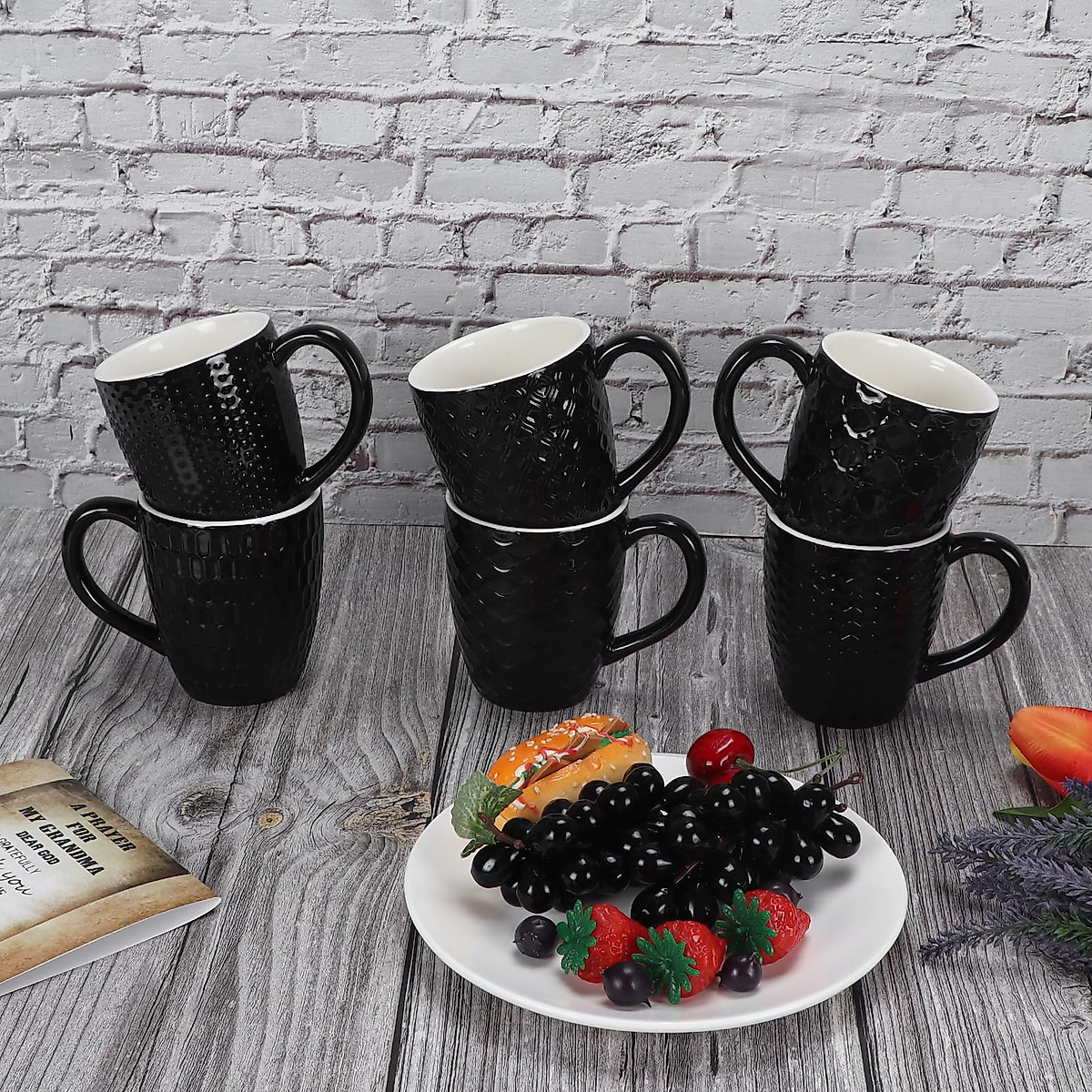 Hoikwo Porcelain Coffee Mugs Set of 6 with Individual Texture, Modern Simple Black Cups, Elegant and Stylish 12 OZ Comfortable Ceramic Coffee Tea Milk Coco Mug, Microwave and Dishwasher Safe