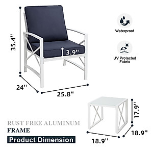 SUNLEI Patio Furniture 3-Piece Conversation Set, Small Outdoor Furniture with Deep Cushion Loveseat Sofa and Matching Side Coffee Table, Outside Metal Sofa Set for Balcony, Yard, White & Blue