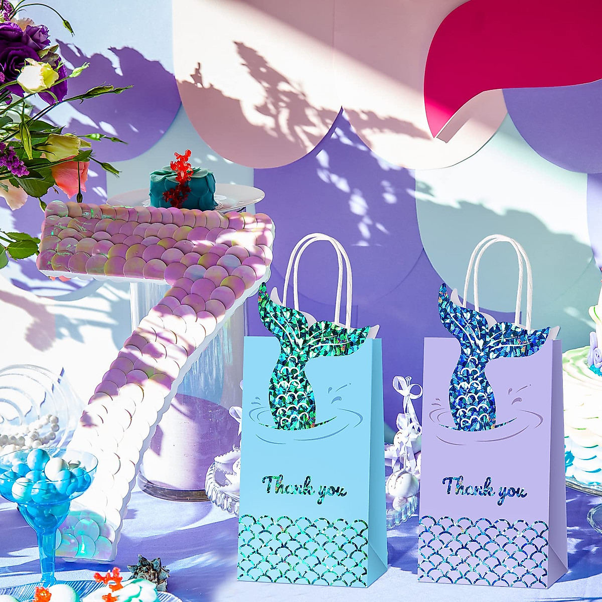 Sabary 18 Pcs Mermaid Party Favor Bags Mermaid Gift Goodie Bags Mermaid Treat Bags Paper Candy Bags with Handles for Girls Mermaid Birthday Baby Shower Little Decorations