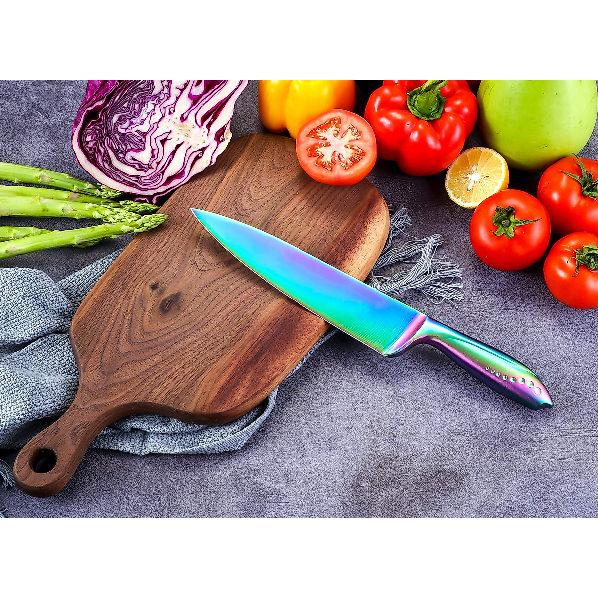WELLSTAR Chef Knife 8 Inch, Razor Sharp German Steel Blade and Comfortable Finger Guard Handle with Rainbow Titanium Coated for Kitchen Meat Sushi Vegetable Fruit Cutting Slicing Dicing, Gift Box