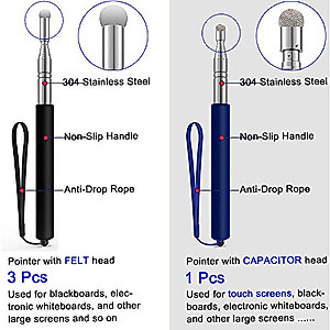 Pointer for Teachers, Yeeseok 4 Pcs Telescoping Teachers Pointers Stick Stainless Steel Extendable for Classroom Supplies (3 Pcs with Felt Tip & 1 Pcs with Capacitor Tip for Touch Screens iPad)