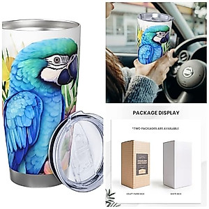 Blue Parrot in Flowers Tumbler with Lid and Straw 20oz Stainless Steel Car Cup for Hot and Cold Drinks, Double Wall Insulated Travel Coffee Mug Reusable Drink Thermos Cup Birthday Gifts