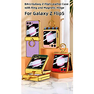 BAILI Galaxy Z Flip5 Case with Ring,Galaxy Z Flip5 Case with Magnetic Hinge,Z Flip5 Case with Leather,Military Grade Drop Protective Flip 5 Case with Electroplated Frame-Orange