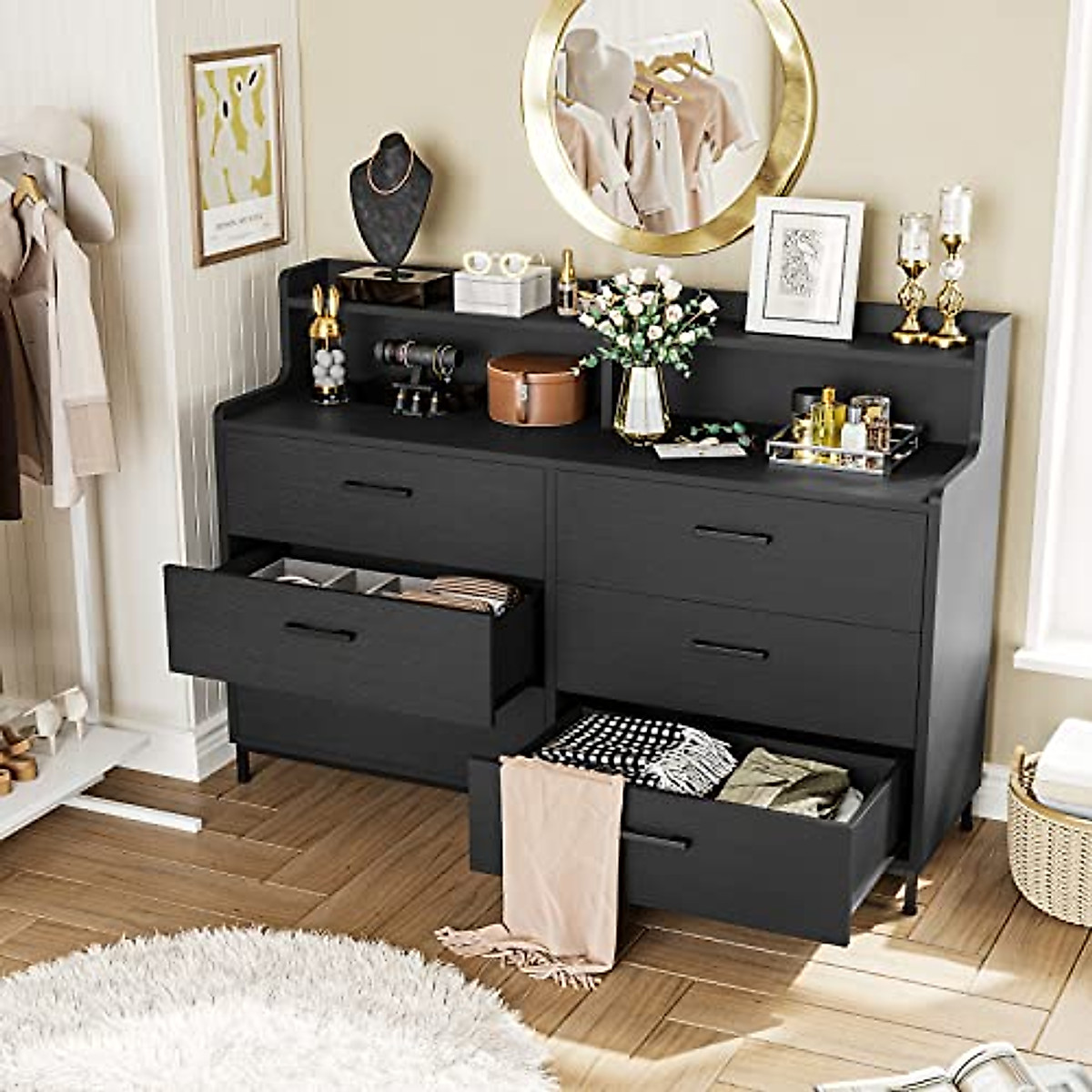 Hasuit 6 Drawers Double Dresser with Shelves, Large Wooden Storage Tower Organizer, Wide Chest of Drawers, Black Dresser for Bedroom, Living Room, Entryway